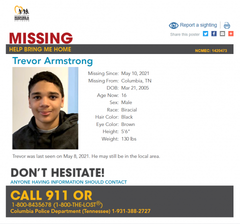 Trevor Armstrong NCMC1420473c1 2021-05-10 Columbia TN | Saving Lost Kids